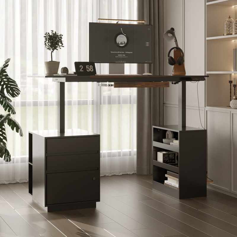 Latitude Run® Modern Electric Height Adjustable Desk With Dual Storage Modules And Pegboard ...